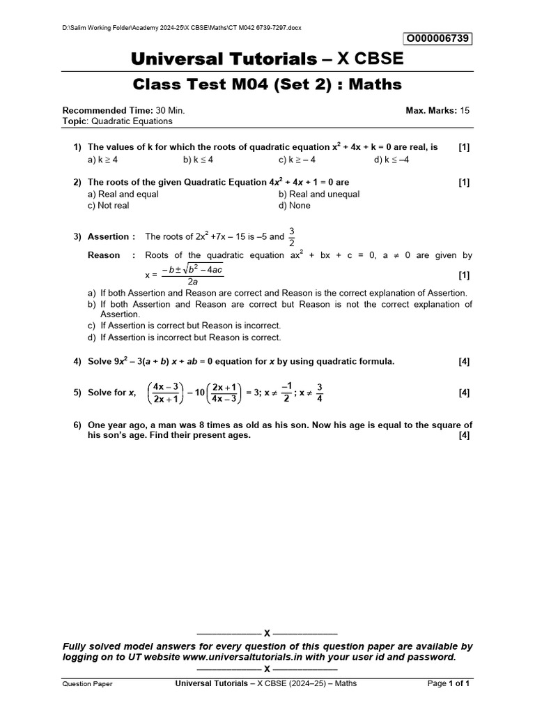 Quadratic Equations Question Paper | PDF | Quadratic Equation | Equations