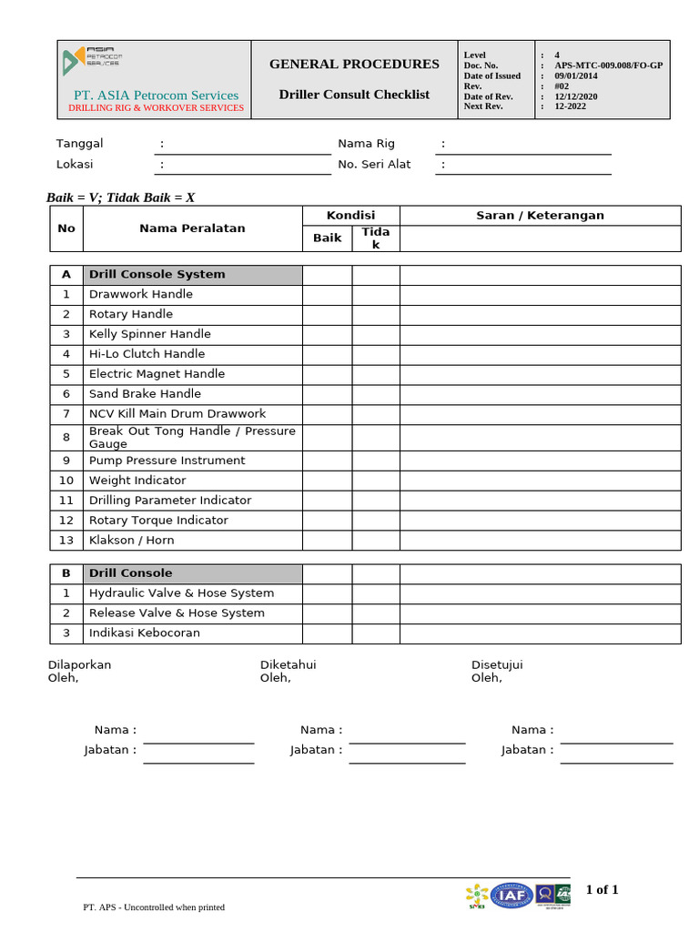009.008.FO-GP Driller Console Checklist (Mingguan)_Rev02 | PDF