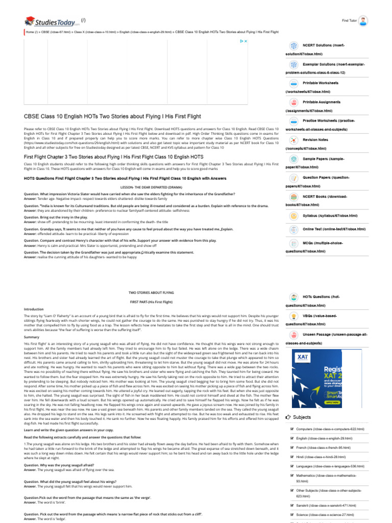 CBSE Class 10 English HOTs Two Stories About Flying I His First Flight | PDF | Multiple Choice