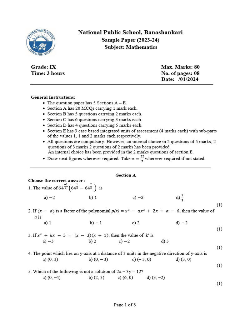 Class9 MathsSample 2023-24 | PDF | Circle | Sphere