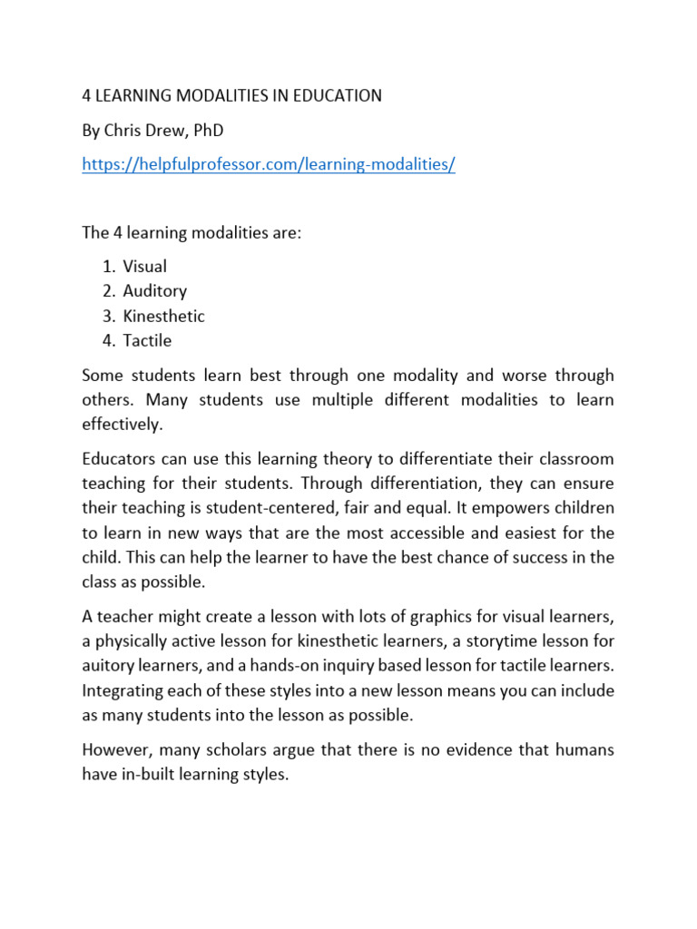 Topic 4 Notes 1-4 Learning Modalities in Education | PDF | Learning ...