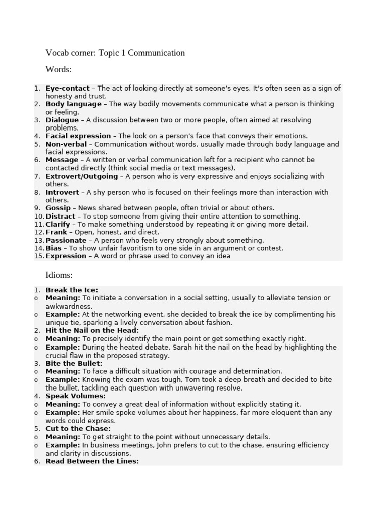 Vocab Corner Topic Communication | PDF | Communication | Body Language