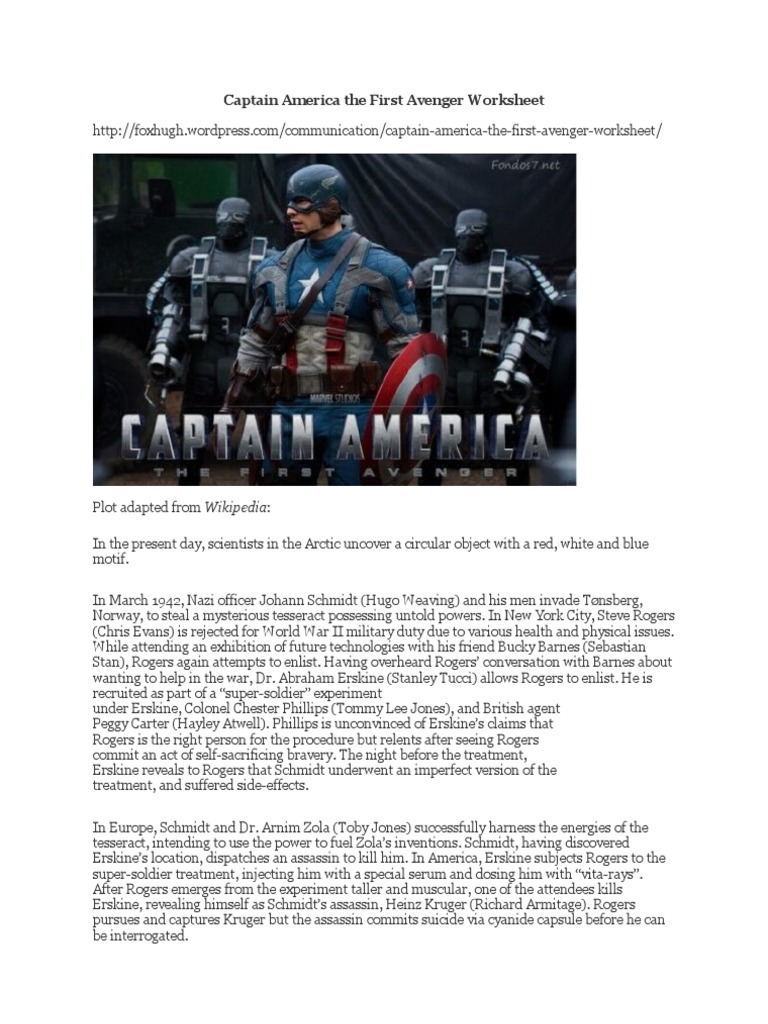 Captain America the First Avenger Worksheet | Marvel Comics | Unrest