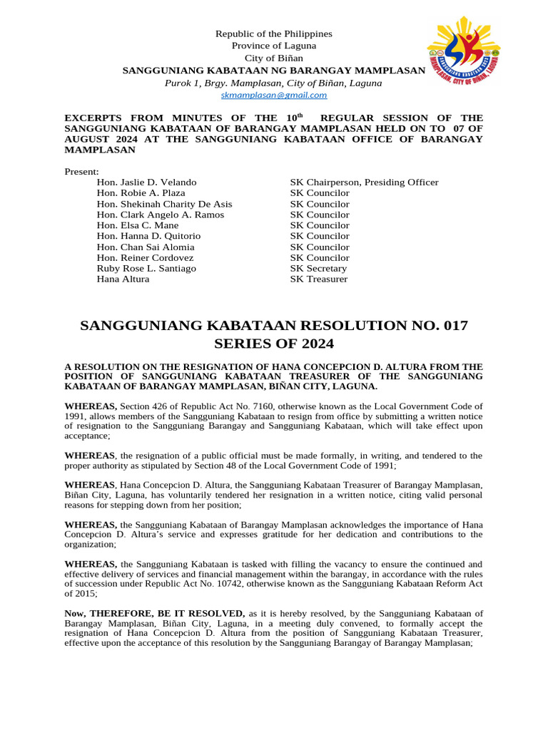 SK Treasurer Resignation Resolution | PDF | Government