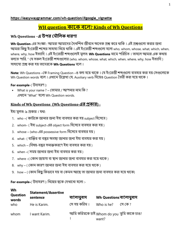 Full Lesson of WH Question-Bangla | PDF
