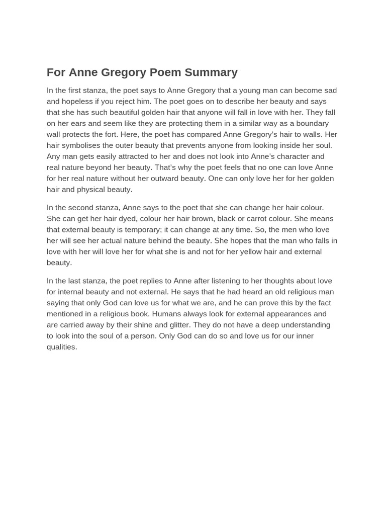 For Anne Gregory Poem Summary | PDF