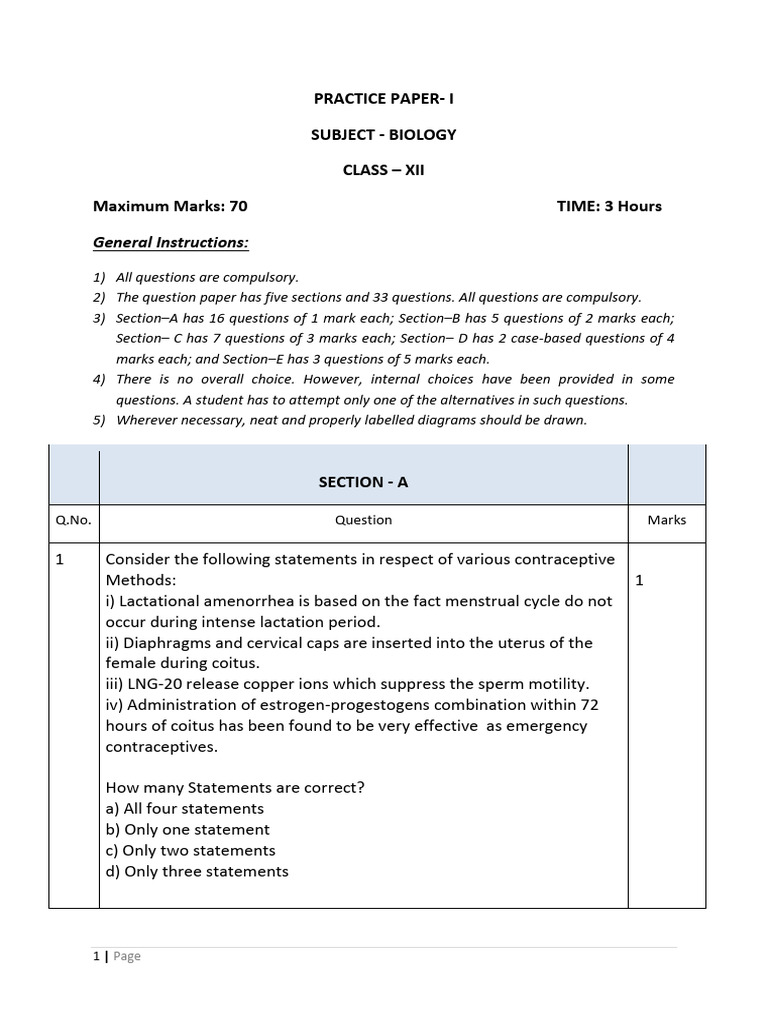 Class XII Biology Practice Paper | PDF | Biology | Life Sciences