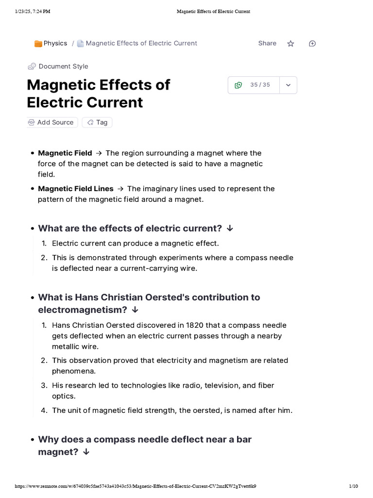 Magnetic Effects of Electric Current | PDF | Magnetic Field | Magnetism