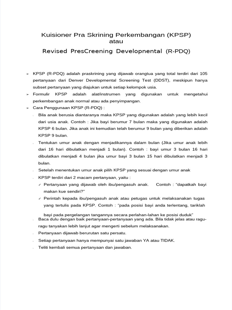 PDF Form Kuesioner Pra Skrining Perkembangan KPSP | PDF
