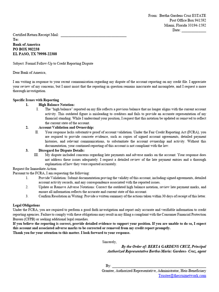 Bank of America Response Letter BGC | PDF | Credit History | Business Law