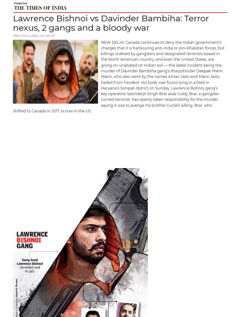 Lawrence Bishnoi Vs Davinder Bambiha - Terror Nexus, 2 Gangs and A Bloody War - Times of India ...