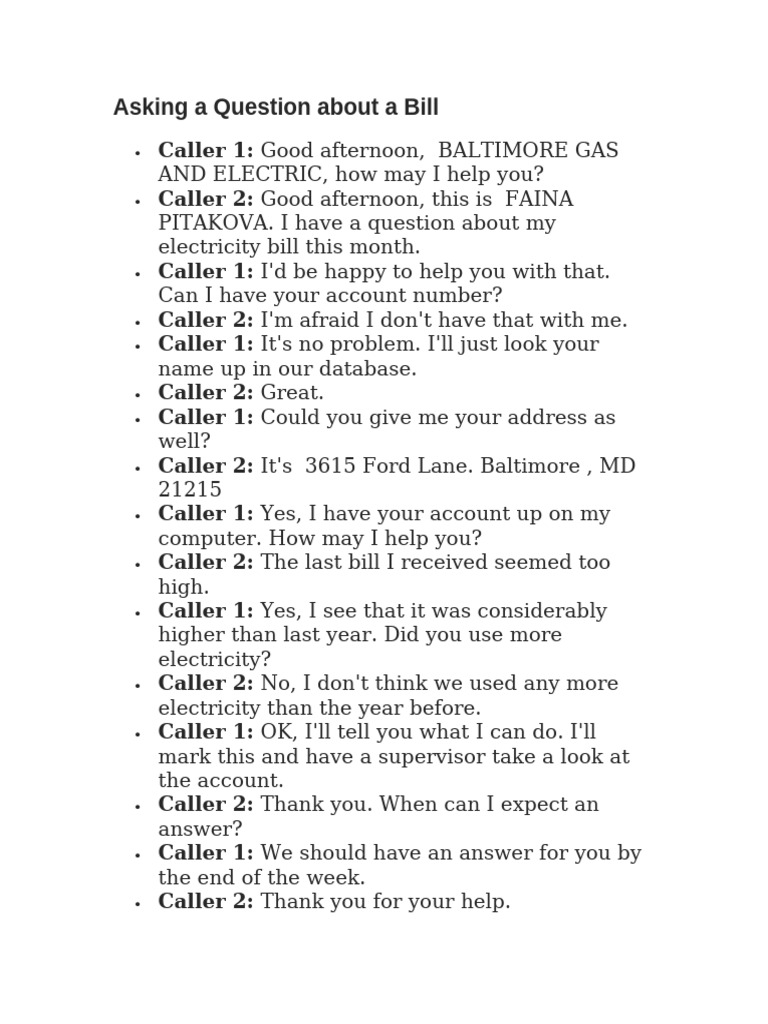 Asking A Question About A Bill ESOL | PDF