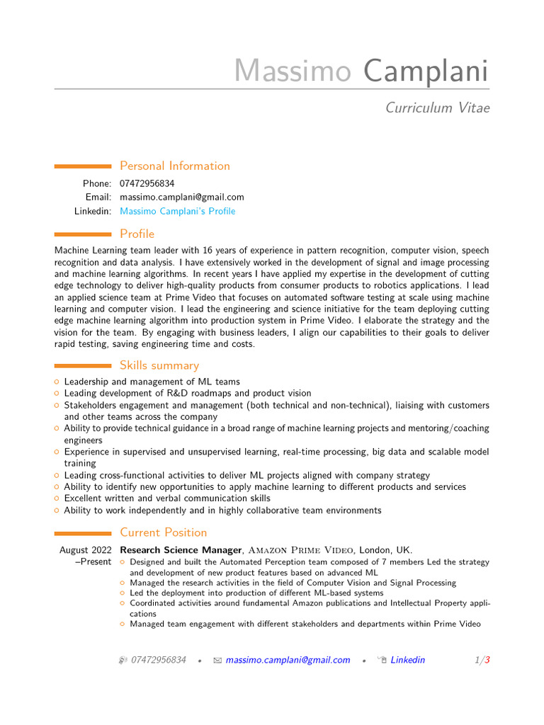 CurriculumVitae2023 Camplani | PDF | Machine Learning | Computer Vision