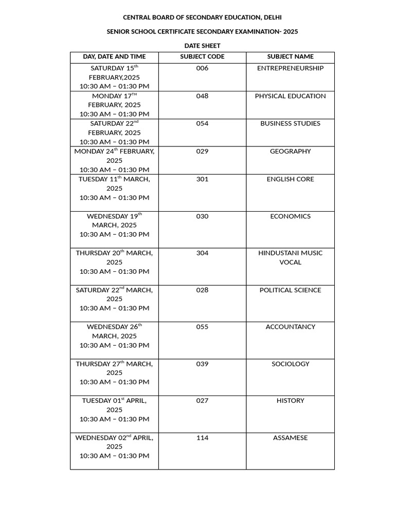 CBSE Class 12 Exam Date Sheet 2025 | PDF
