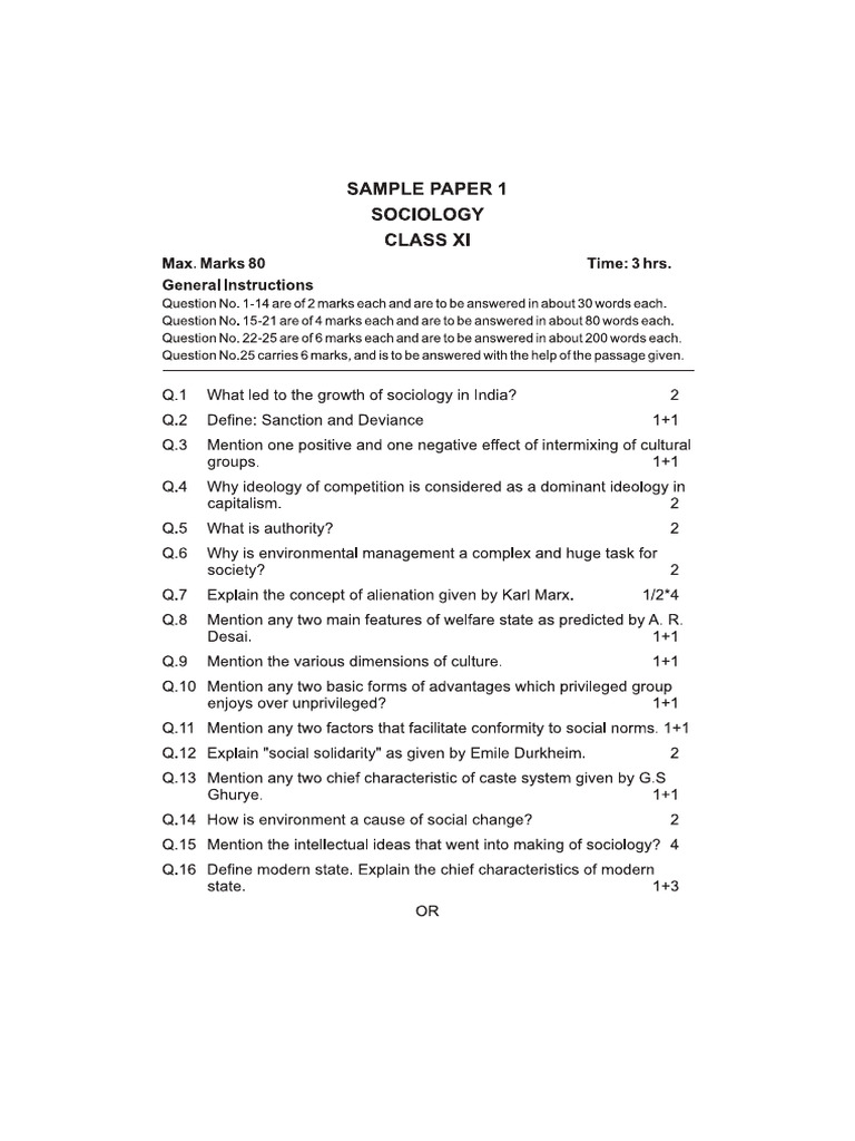 11 Sociology Sample Papers 2018 2019 Set 1 2 | PDF