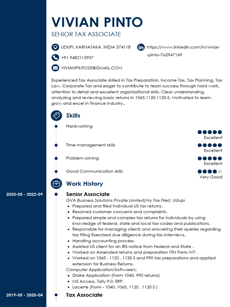 Vivian Pinto: Senior Tax Associate Profile | PDF