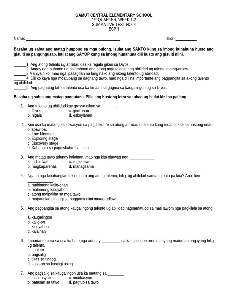 ESP3 SUMMATIVE TEST Q1, Q2, Q3, Q4 | PDF