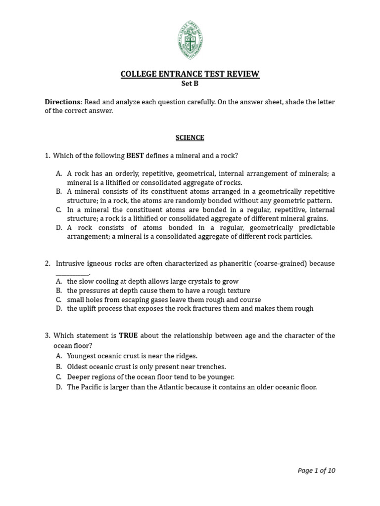 Set B Unified CET Reviewer | PDF | Rock (Geology) | Igneous Rock