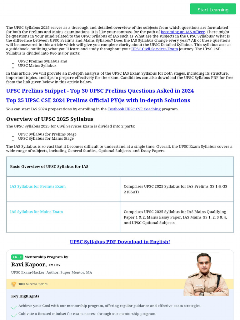 UPSC Syllabus 2025 - IAS Prelims & Mains Syllabus PDF | PDF