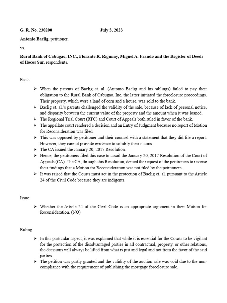 Baclig Vs Rural Bank of Cabugao | PDF