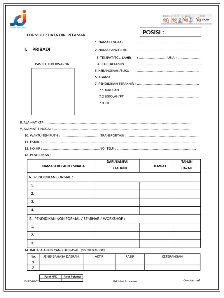 Formulir Data Diri Pelamar Kerja | PDF