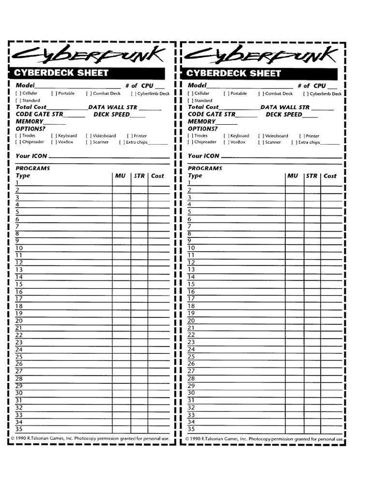 Cyberpunk 2020 Cyberdeck Sheet | PDF