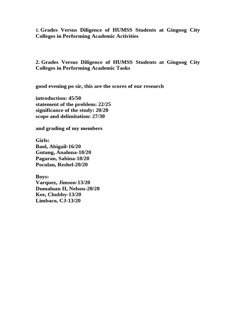 Grades vs. Diligence in HUMSS Students | PDF