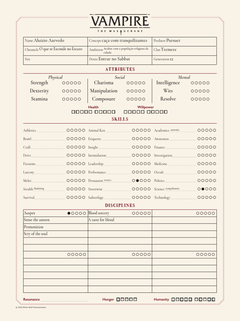 VTM Character Sheet Luiz | PDF