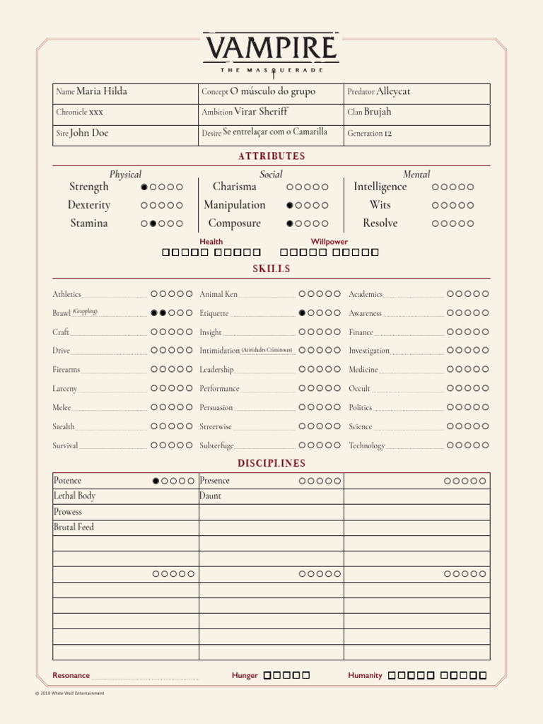 VTM Character Sheet Exemplo | PDF | Gaming | Tabletop Games
