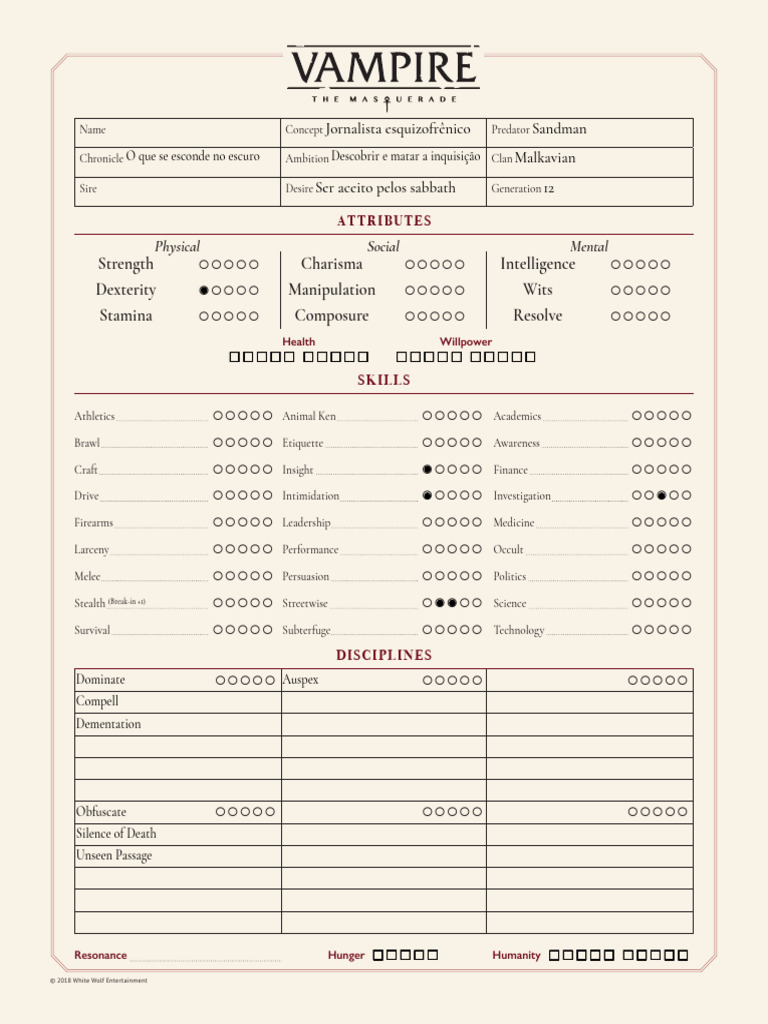 VTM Character Sheet Elias Incompleto | PDF