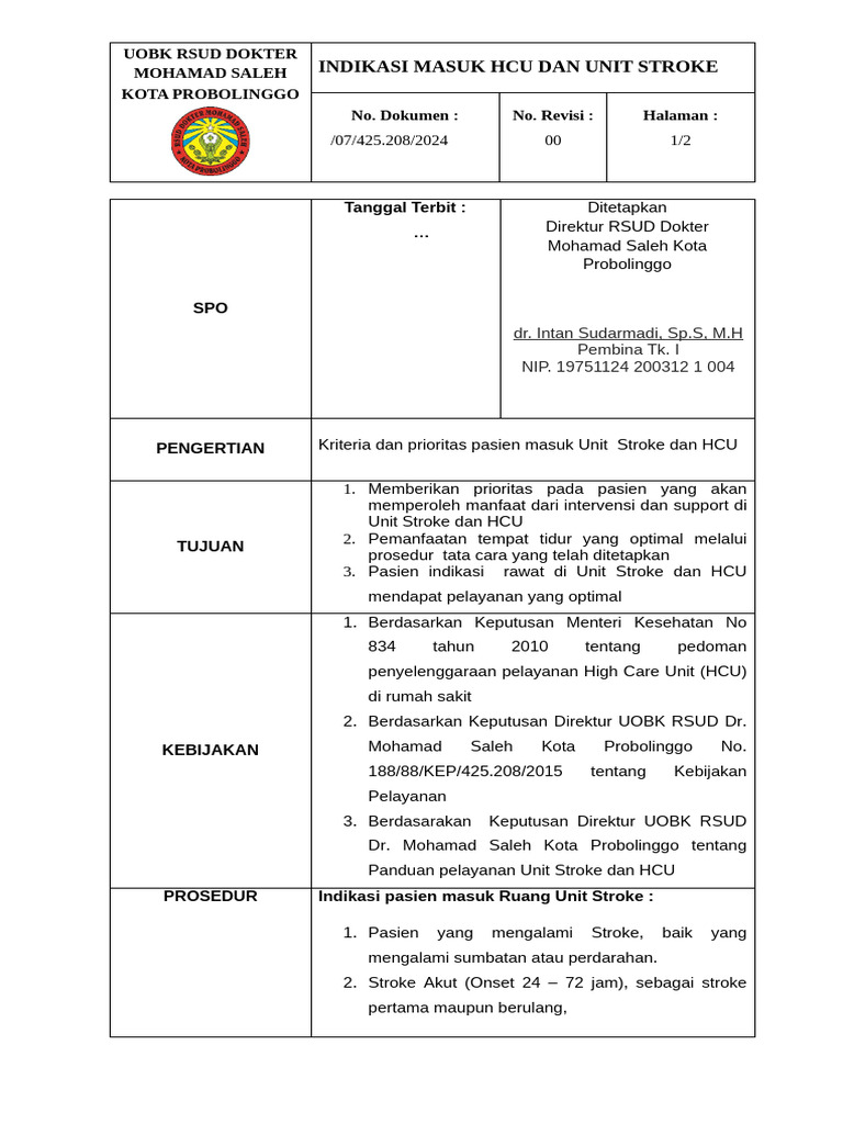 Spo Indikasi Masuk Unit Stroke Dan Hcu | PDF