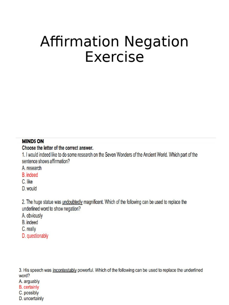 Affirmation Negation Exercise | PDF