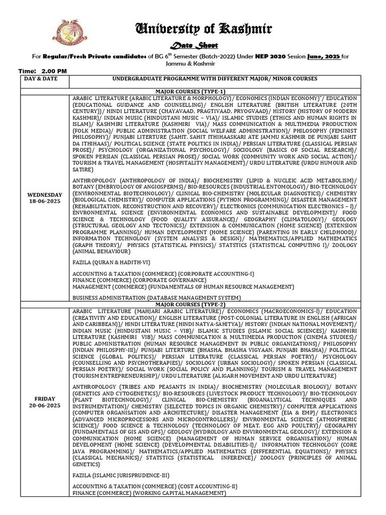 Date Sheet - BG 6th Sem Regular & FP (Batch-2022) (NEP) | PDF | Science ...