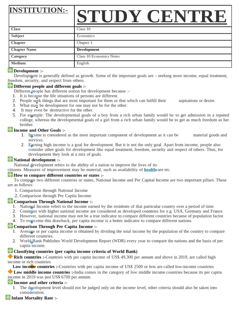 Class 10 Economics Chapter 1 Development Notes | PDF | Human ...