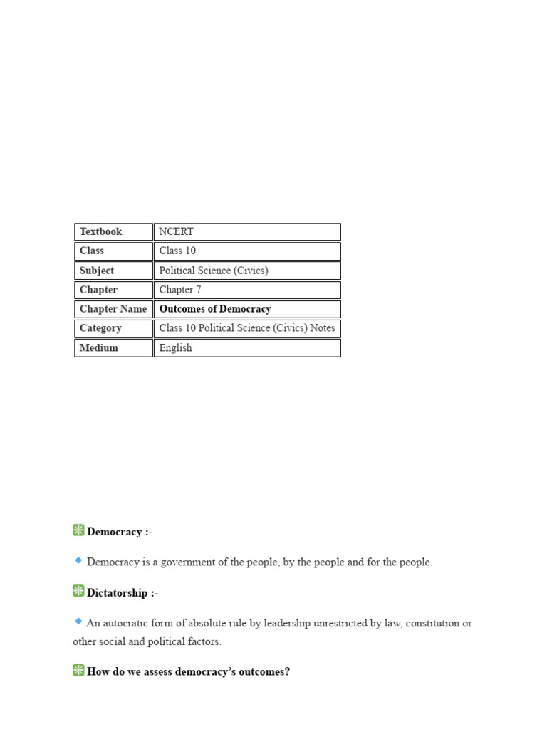 Class 10 Civics Chapter 7 Outcomes of Democracy Notes | PDF | Democracy ...