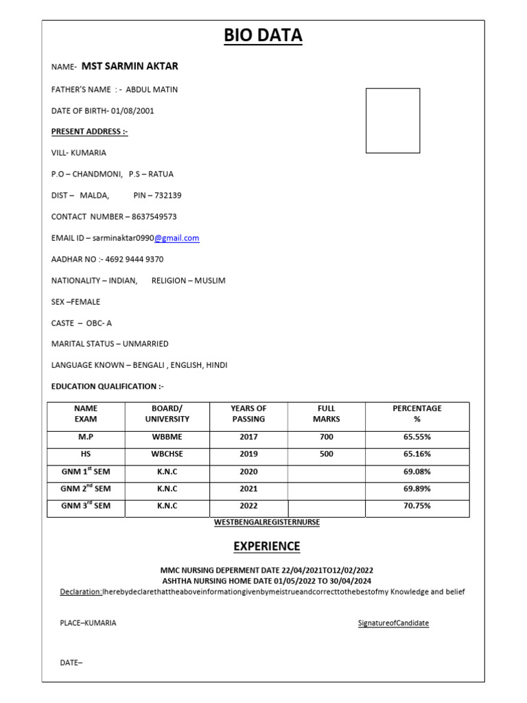 Bio Data of MST Sarmin Aktar | PDF