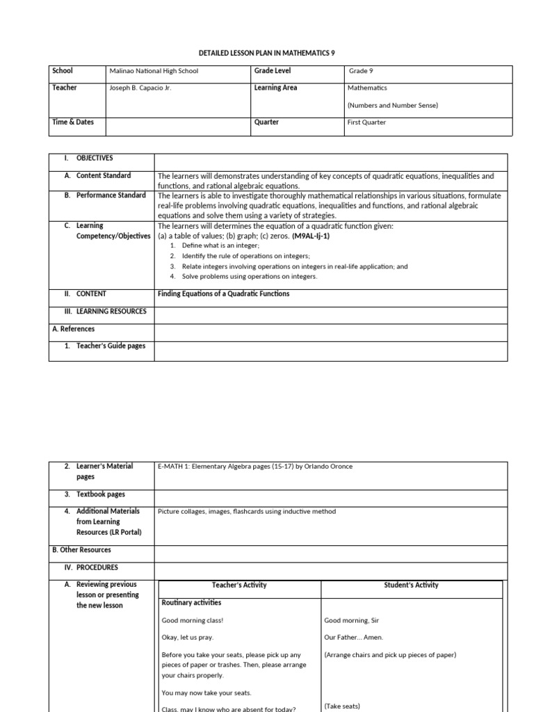 detailedlp_josephcapaciojr | PDF | Equations | Function (Mathematics)
