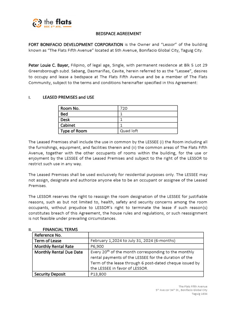 Bedspace Lease Agreement at The Flats | PDF | Lease | Leasehold Estate