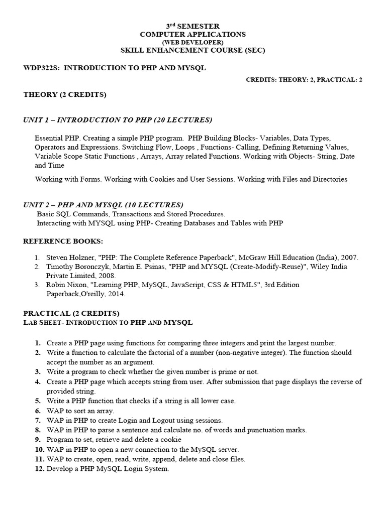 3rd Sem Skill Syllabus PHP | PDF 3rd Sem Skill Syllabus PHP | PDF