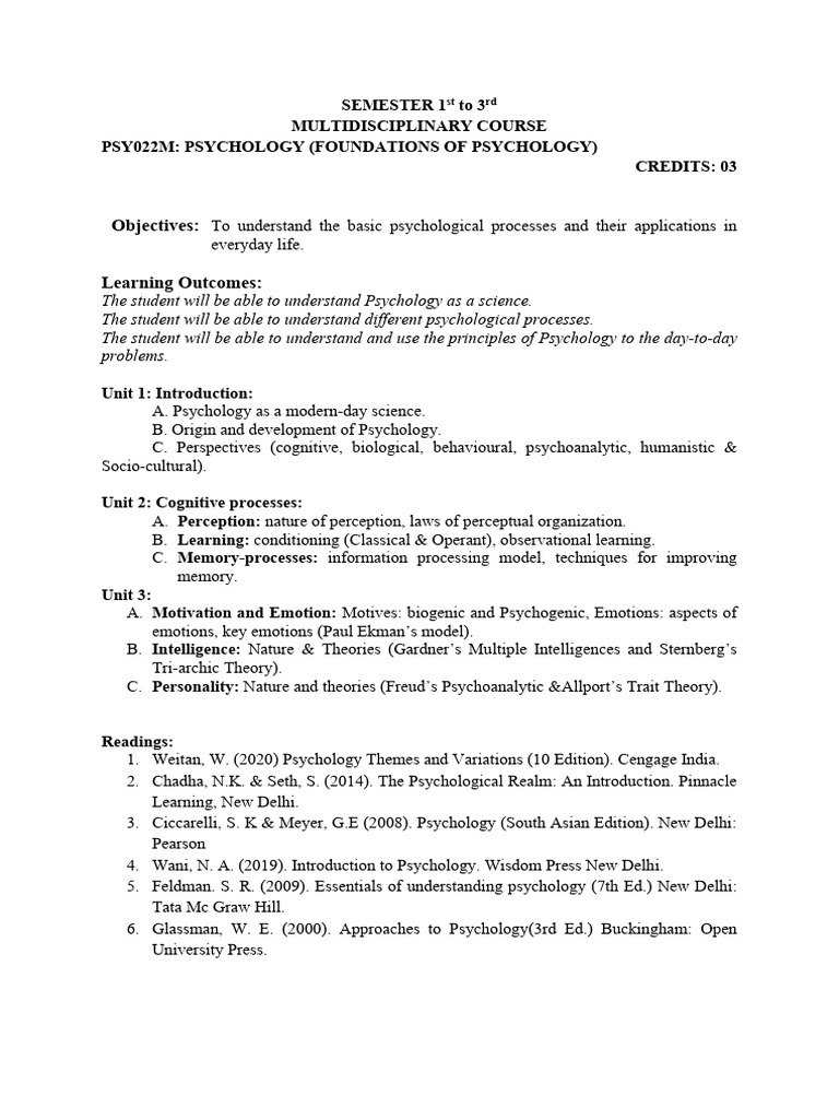 3rd Semester Psychology Syllabus | PDF