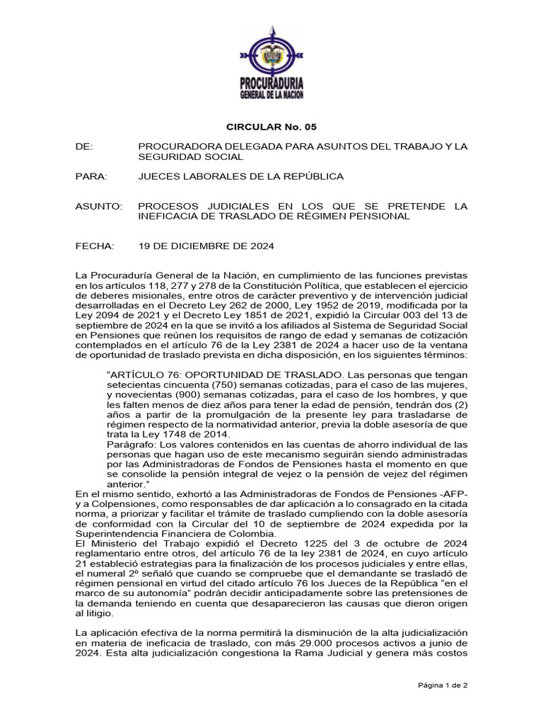 Circular 05 de 2024 - Procesos Judiciales Ineficacia de Traslado de Régimen Pensional ...