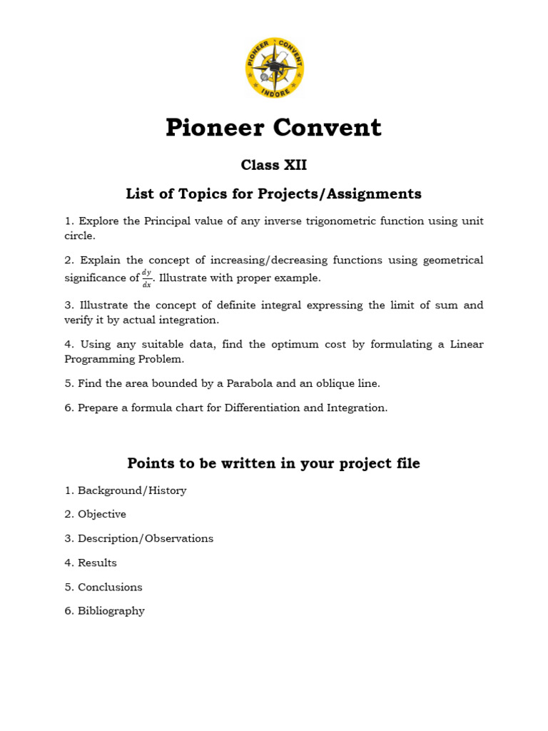 Class XII Math Project Topics | PDF