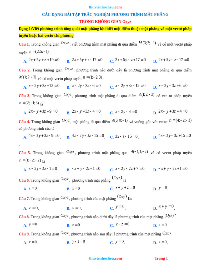 Cac Dang Bai Tap Trac Nghiem Ve Phuong Trinh Mat Phang Hay | PDF