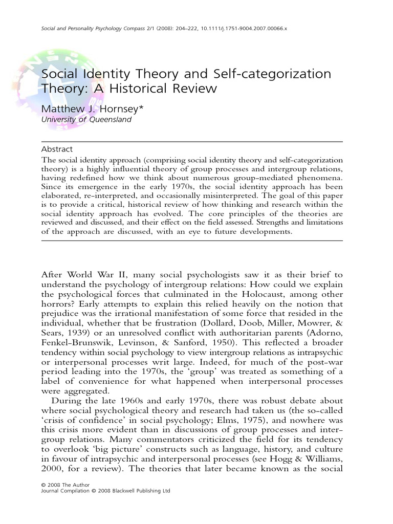 Social Identity Theory: Historical Review | PDF | Social Group ...
