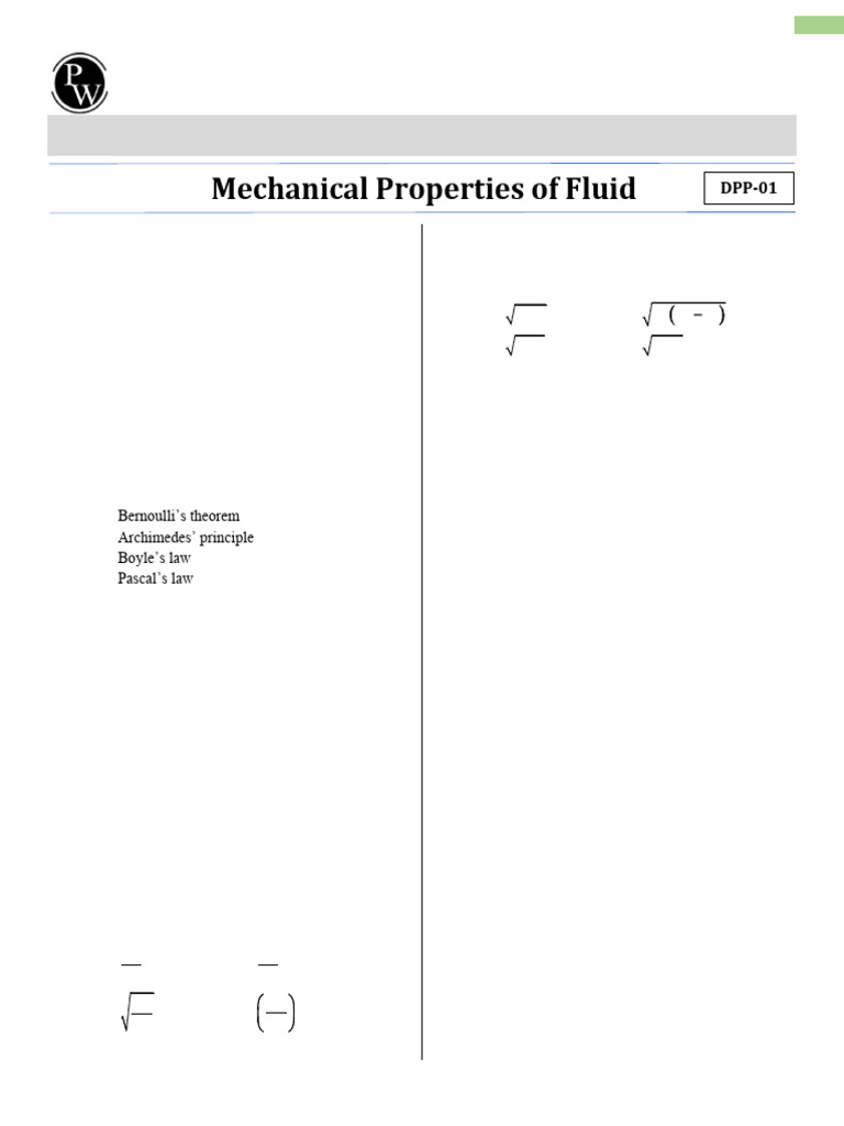 Mechanical Properties of Fluids - DPP 01 - Sarthak KCET Crash Course 2024 | PDF | Liquids | Pressure