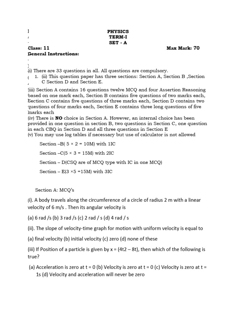 Term 1 Mock Question Paper-11 | PDF | Force | Velocity