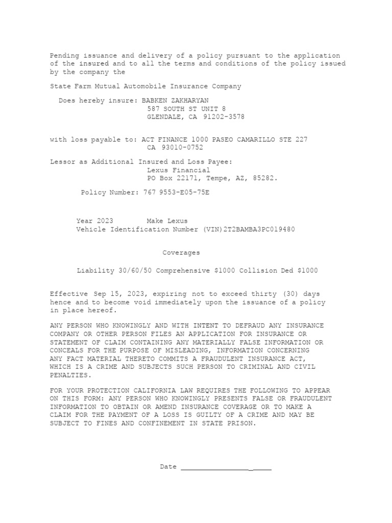 State Farm Auto Insurance Declaration | PDF