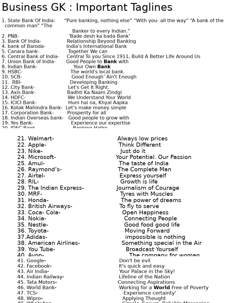 Top Brand Taglines for Business GK | PDF | Companies