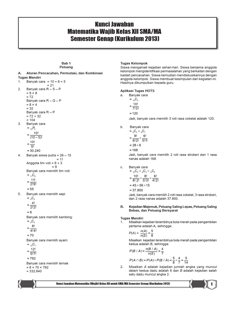 Kunci Matematika Wajib 12 Genap K13 | PDF