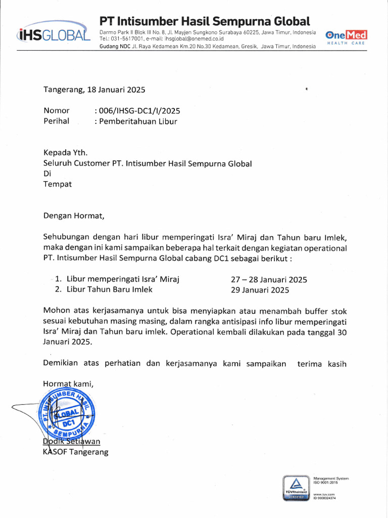 Surat pemberitahuan libur Isra Miraj dan Imlek _20250118_0001 | PDF